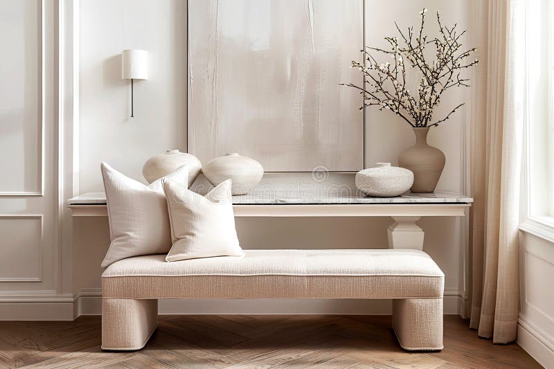 Beige Bench with Pillows at Marble Console Table Against Paneling Wall ...