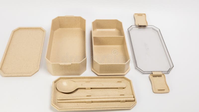 Beige Bento Box Set with Utensils on White Background Stock Image ...