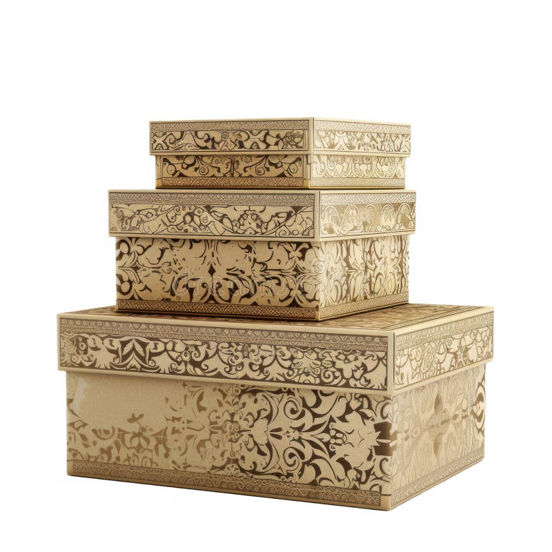 Beige Birthday Gift Boxes with Intricate Patterns, Isolated on a White ...