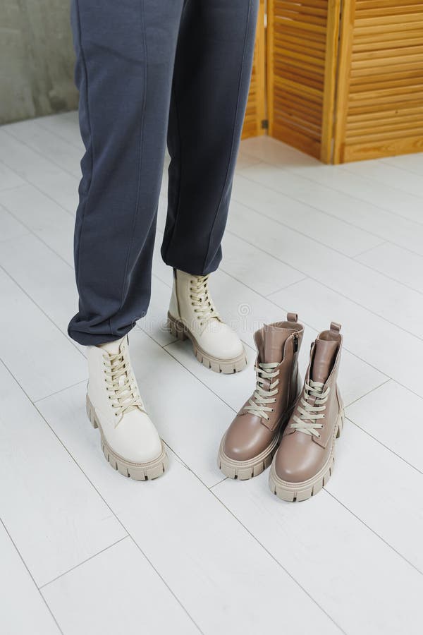 Beige Boots on Women& X27;s Feet. Winter Beige Leather Women& X27;s ...