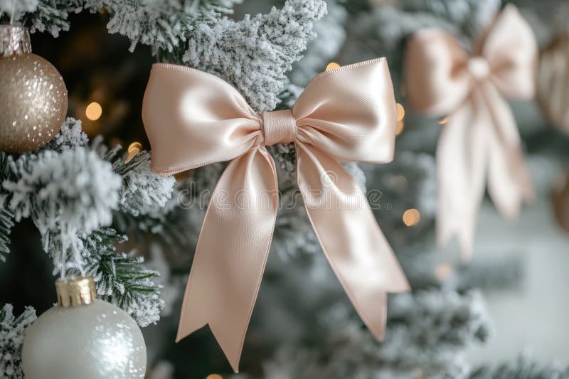 Beige Bow on a Christmas Tree Branch, Christmas Background. Generative ...