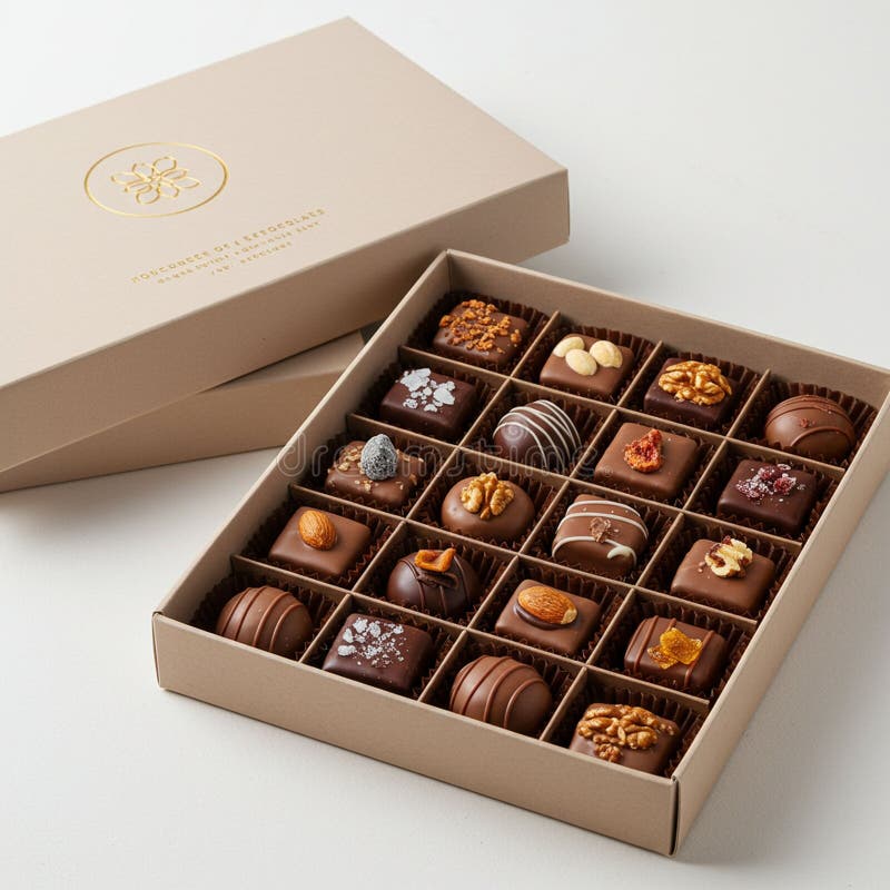 A Beige Box Contains an Assortment of Chocolates, Each Nestled in a ...