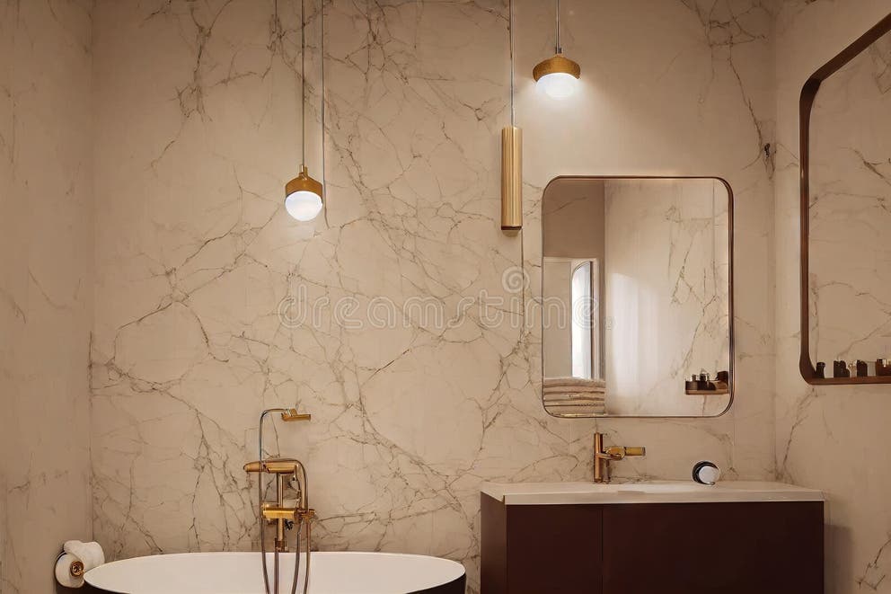 Beige Brown Bathroom Interior with Ceiling Soffits and Mirrors. Stock ...