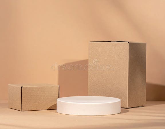 Beige and Brown Cardboard Product Display with White Platform Stock ...