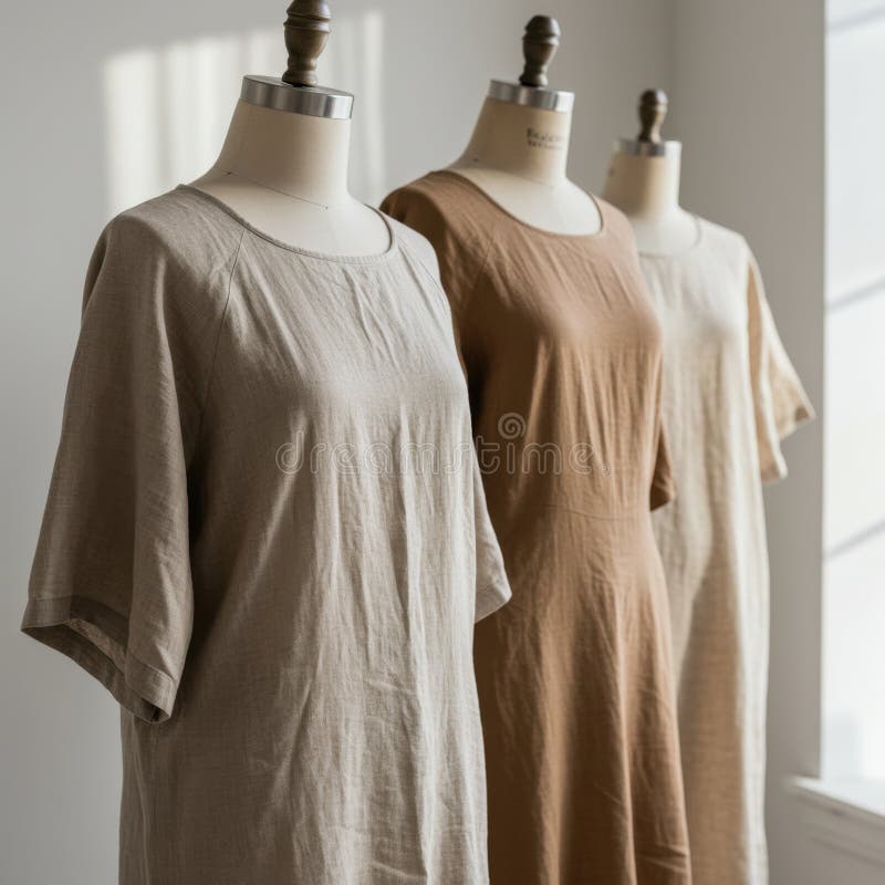 Beige and Brown Linen Dresses on Mannequins Stock Illustration ...