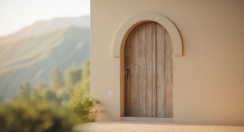 Beige Building with Arched Wooden Door and Hillside View Stock Photo ...