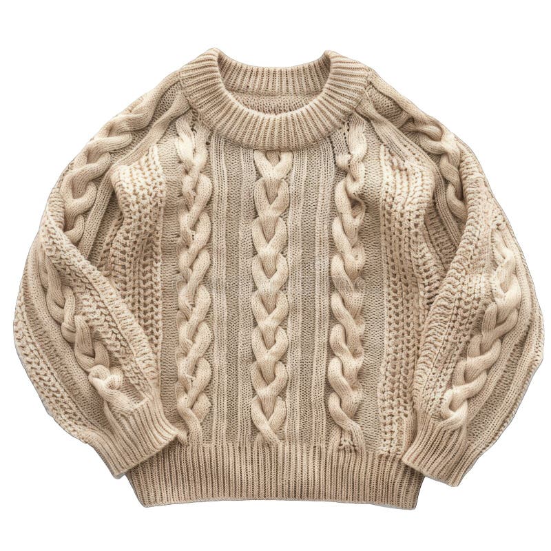A Beige Cable Knit Sweater with a Round Neckline Stock Photo ...