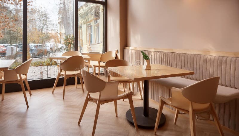 Beige Cafe Interior with Chairs and Tables in Row, Dining Space Near ...