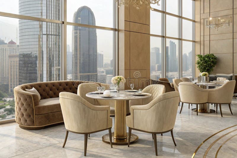 Beige Cafe Interior with Panoramic Window and Luxury Seating Stock ...