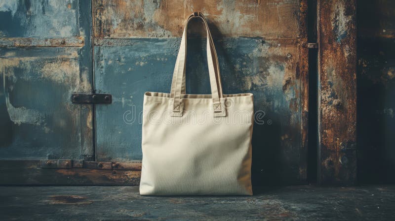 Beige Canvas Tote Bag Against Rustic Metal Background Stock ...