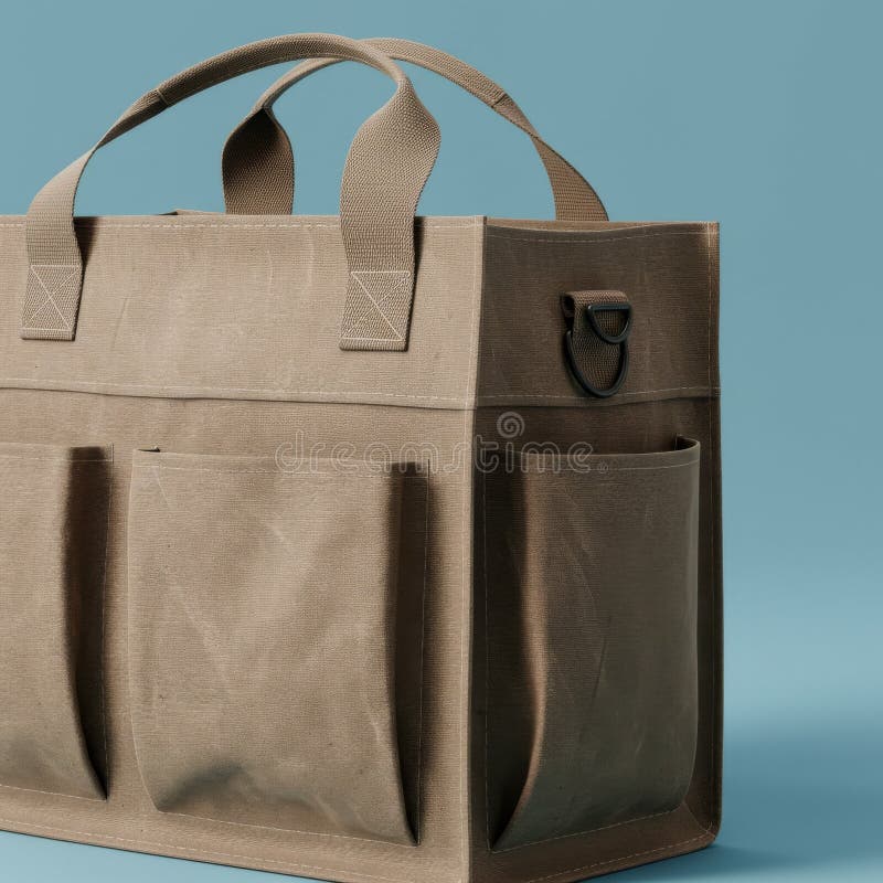 Beige Canvas Tote Bag with Multiple Pockets Stock Illustration ...