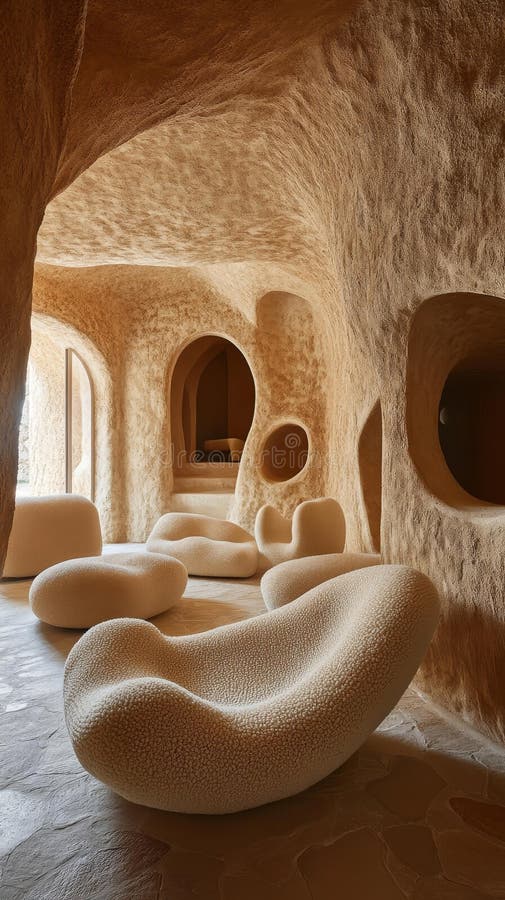 Beige Cave-Like Interior Design with Unique Seating Generated Using AI ...