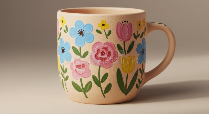 Beige Ceramic Mug with Pastel Floral Hand-painted Design Stock ...