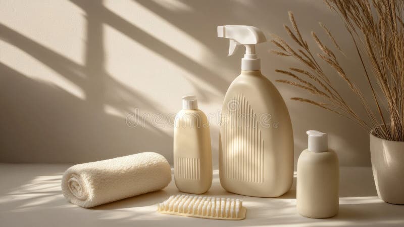 Beige Cleaning Product Bottles with Spray and Towel on White Table ...