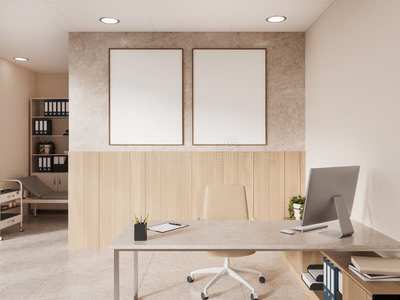 Beige Clinic Interior Doctor Consulting Room with Pc Computer and Mock ...