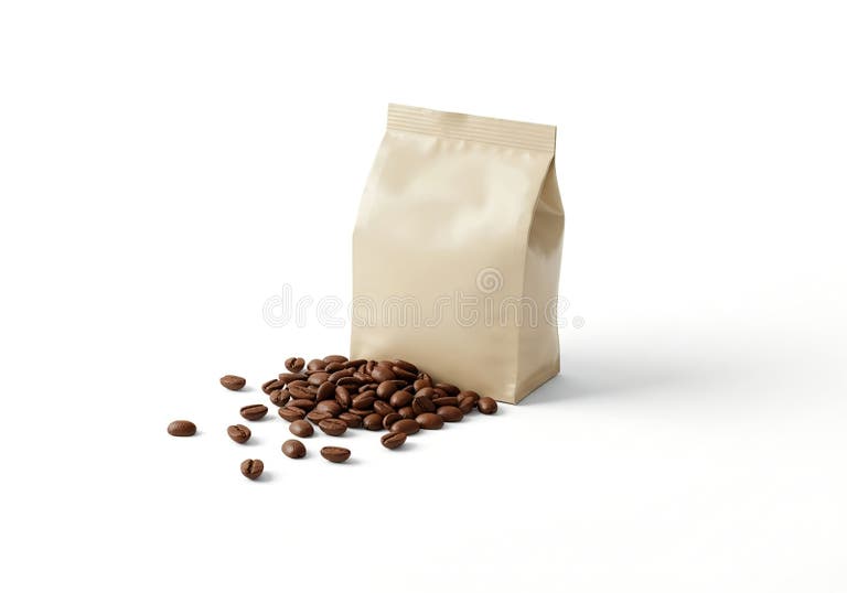Beige Coffee Packet Against a White Background, with Coffee Grains ...