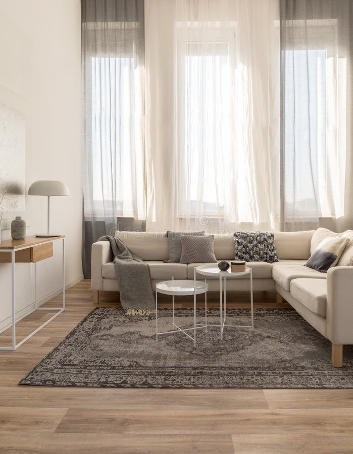 Beige Corner Sofa with Grey Pillows in Elegant Living Room Interior ...