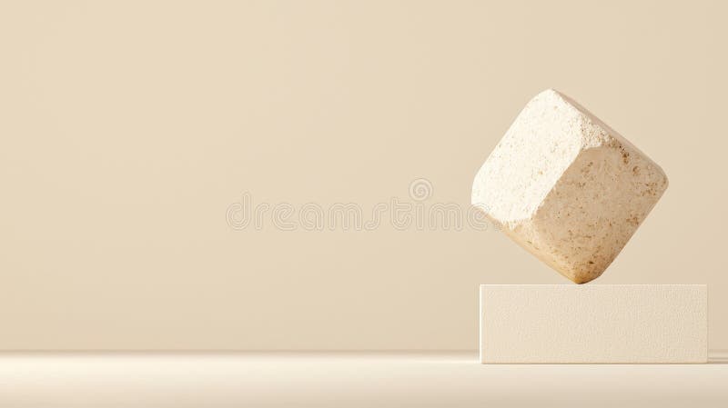 A Beige Cube Sculpture with a Rough Texture is Suspended in Mid-air by ...