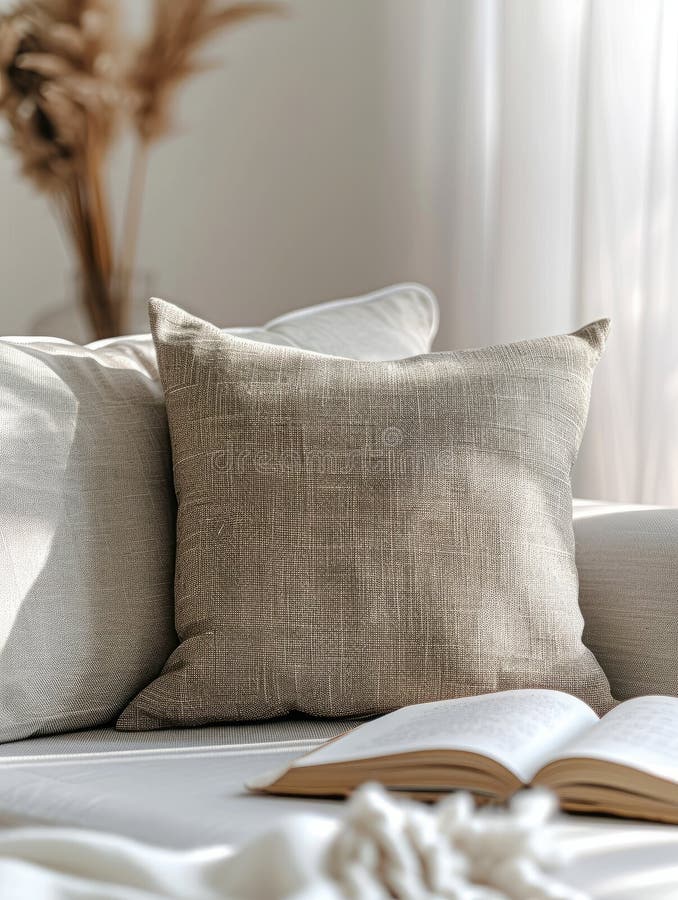 Beige Cushion on a Sofa with an Open Book in Natural Sunlight. Stock ...