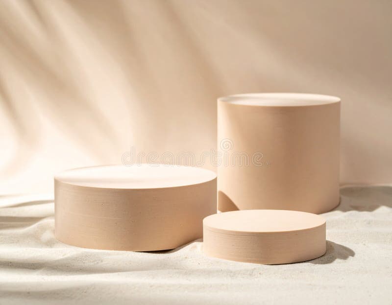 Beige Cylindrical Podiums on Sandy Surface with Soft Light Stock ...