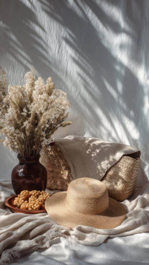 Beige Fabric Still Life with Straw Hat and Flowers Stock Illustration ...