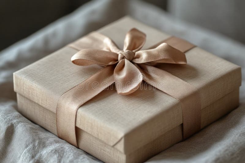 Beige Gift Box with a Beautiful Ribbon Bow, Resting on a Soft Cloth ...