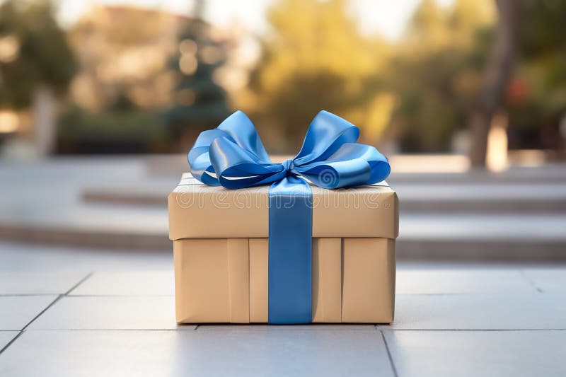 Beige Gift Box with Blue Bow. Generative AI Stock Photo - Image of ...