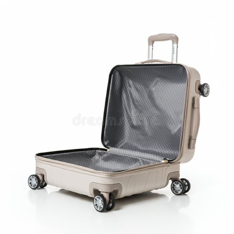 Beige Hard-shell Suitcase Open with a Grey Interior Lining Featuring a ...
