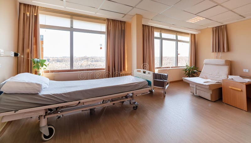 Beige Hospital Room Interior with Bed, Couch and Panoramic Window Stock ...