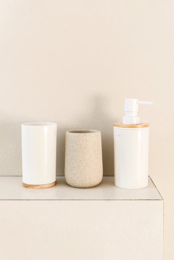 Beige jars for bathroom. stock image. Image of design - 194523787