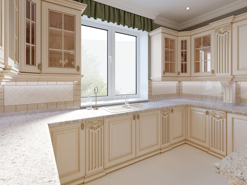 Beige Kitchen in Classical Style Stock Illustration - Illustration of ...