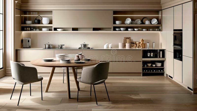 Beige Kitchen Interior with Chairs and Dining Table with Dishes on ...