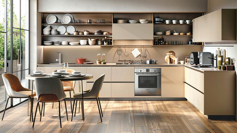 Beige Kitchen Interior with Chairs and Dining Table with Dishes on ...