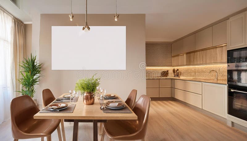 Beige Kitchen Interior with Dining Table and Blank Poster Stock ...