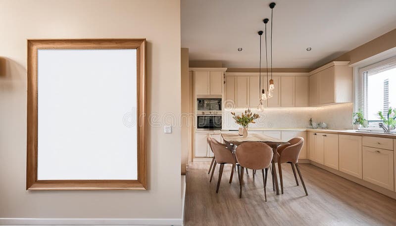 Beige Kitchen Interior with Dining Table and Blank Poster Stock ...
