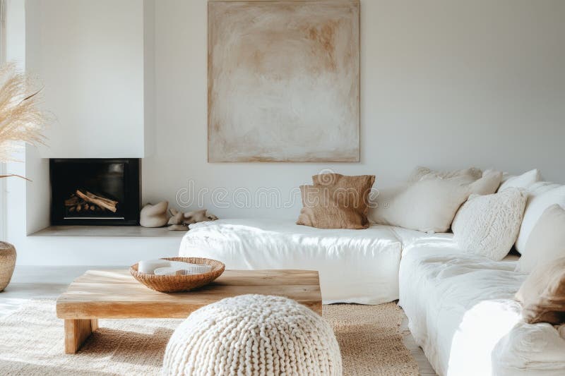 A Beige Knitted Pouf and a Live Edge Coffee Table are Positioned beside ...