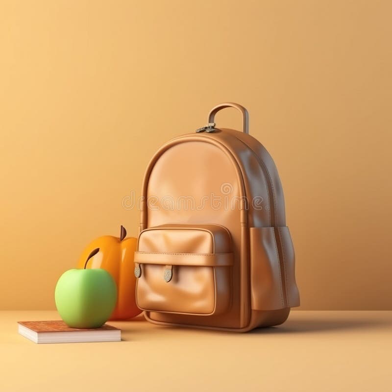 A Beige Leather Backpack and a Green Apple on the Table. AI Generated ...