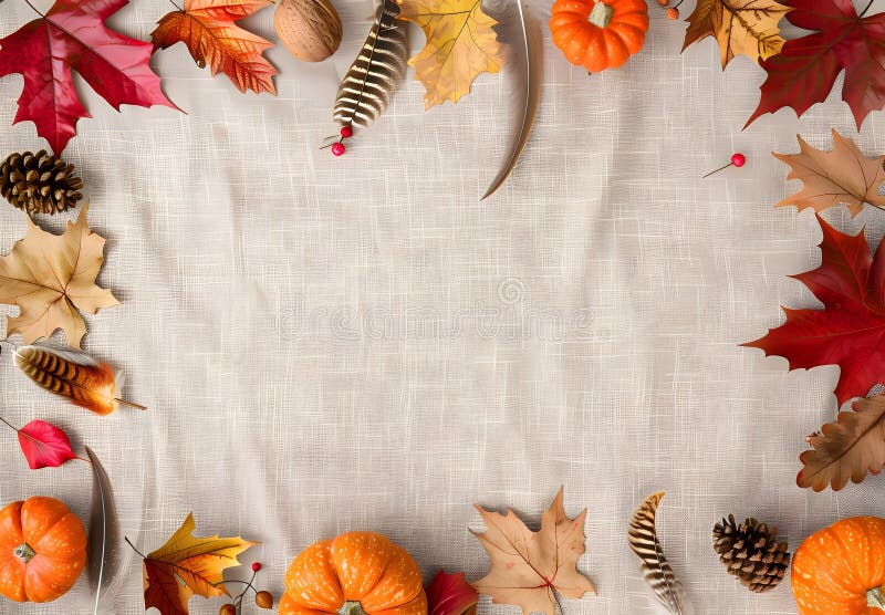 Beige Linen Background with Fall Leaves, Pumpkins & Feathers Stock ...