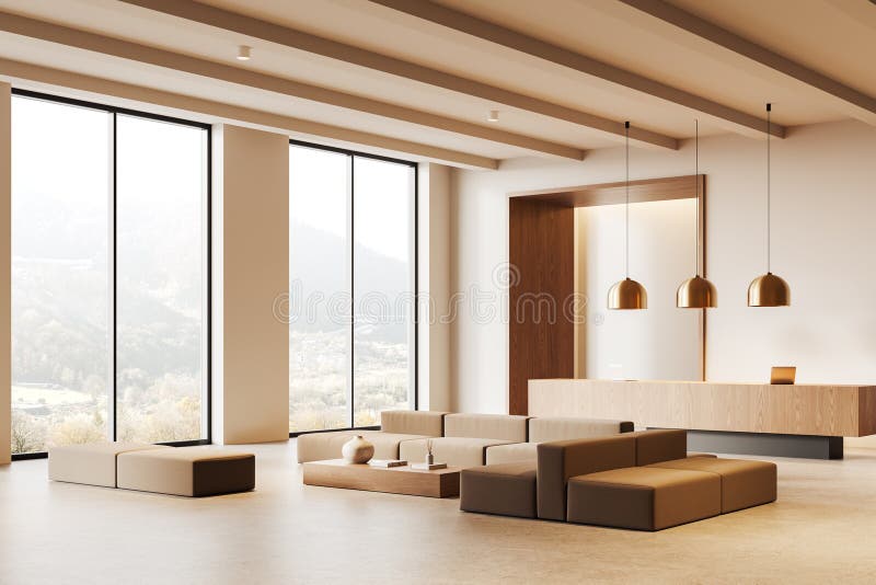 Beige Lobby Interior with Waiting Space and Reception Desk, Panoramic ...