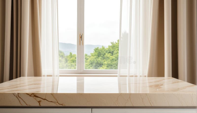 Beige Marble Tabletop with Window and Curtains in Kitchen Stock Photo ...
