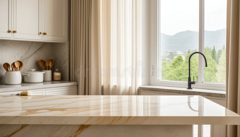 Beige Marble Tabletop with Window and Curtains in Kitchen Stock Photo ...