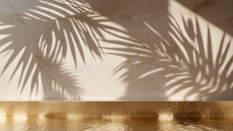 Beige Marble Wall with Palm Leaf Shadows and Golden Reflective Floor ...