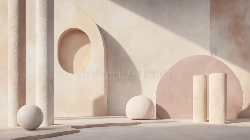 Beige Minimalist Geometric Interior Design with Spheres and Cylinders Stock Illustration ...