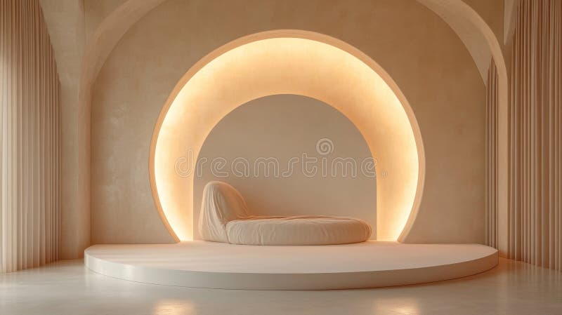 Beige Minimalist Interior Design with Circular Arch and Soft Lighting ...