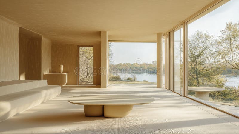 Beige Minimalist Lakefront Interior with Sunlight and Curved Benches ...