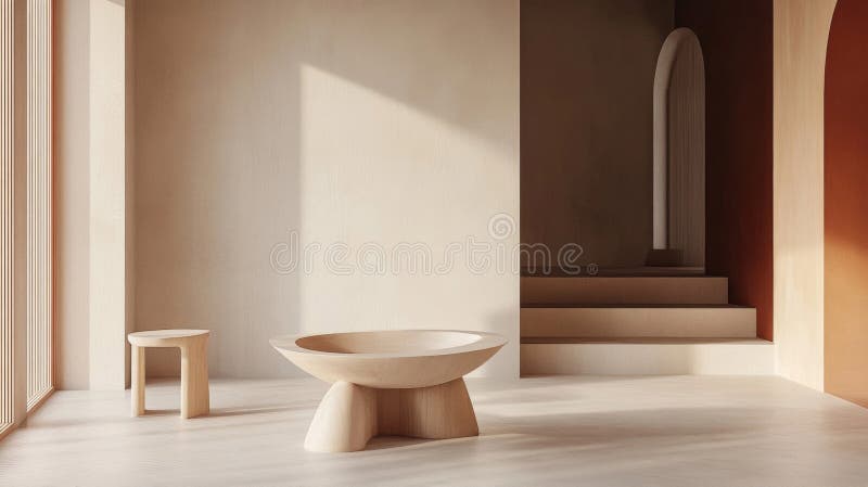 Beige Minimalist Interior with Stone Table and Stool Stock Illustration ...