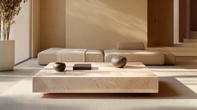 Beige Minimalist Living Room with Low Stone Coffee Table Stock ...