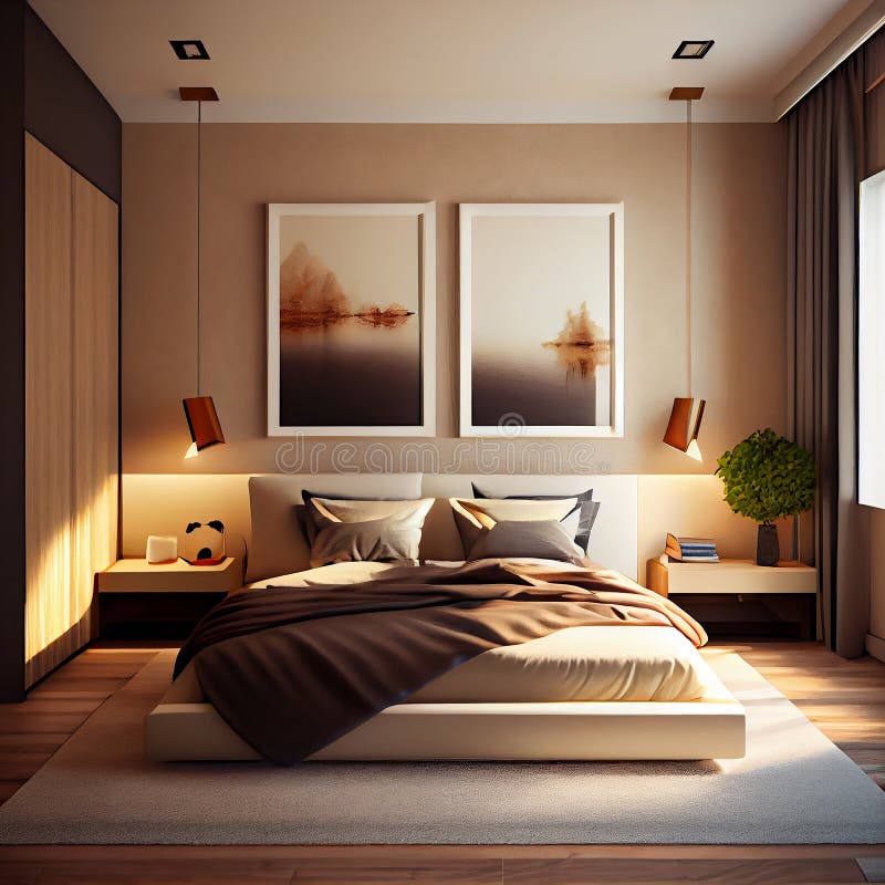 Beige Minimalist Modern Bedroom Interior Design. Generative AI Stock ...