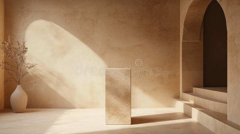 Beige Minimalist Room Interior with Stone Display and Sunlight Stock ...