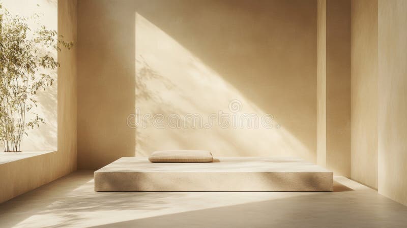 Beige Minimalist Room with Stone Platform and Sunlight Stock ...